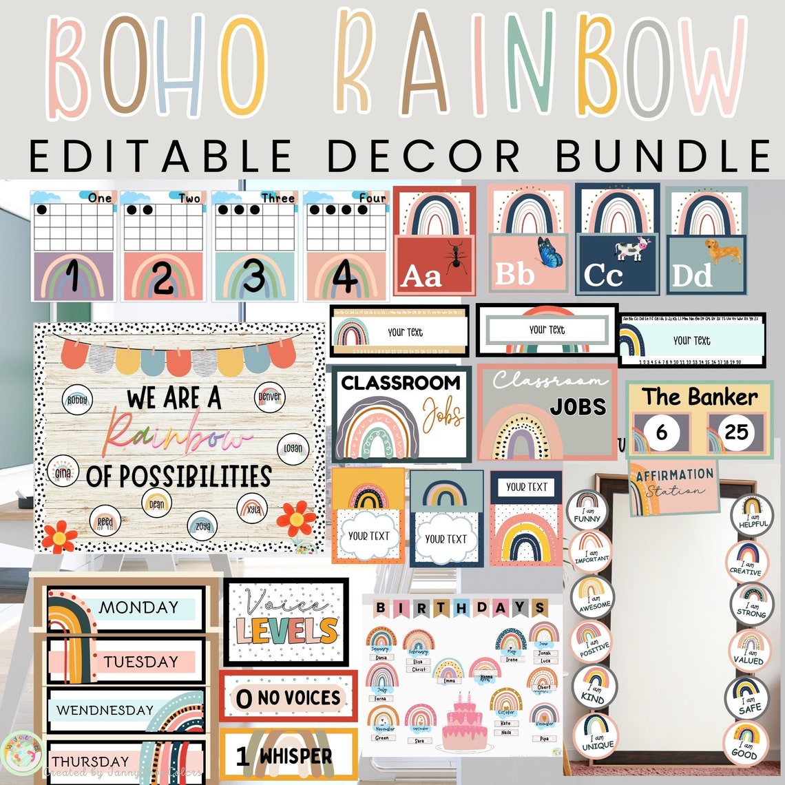 Boho Rainbow Classroom Decor Bundle: Editable, Calm, Cheerful - Etsy