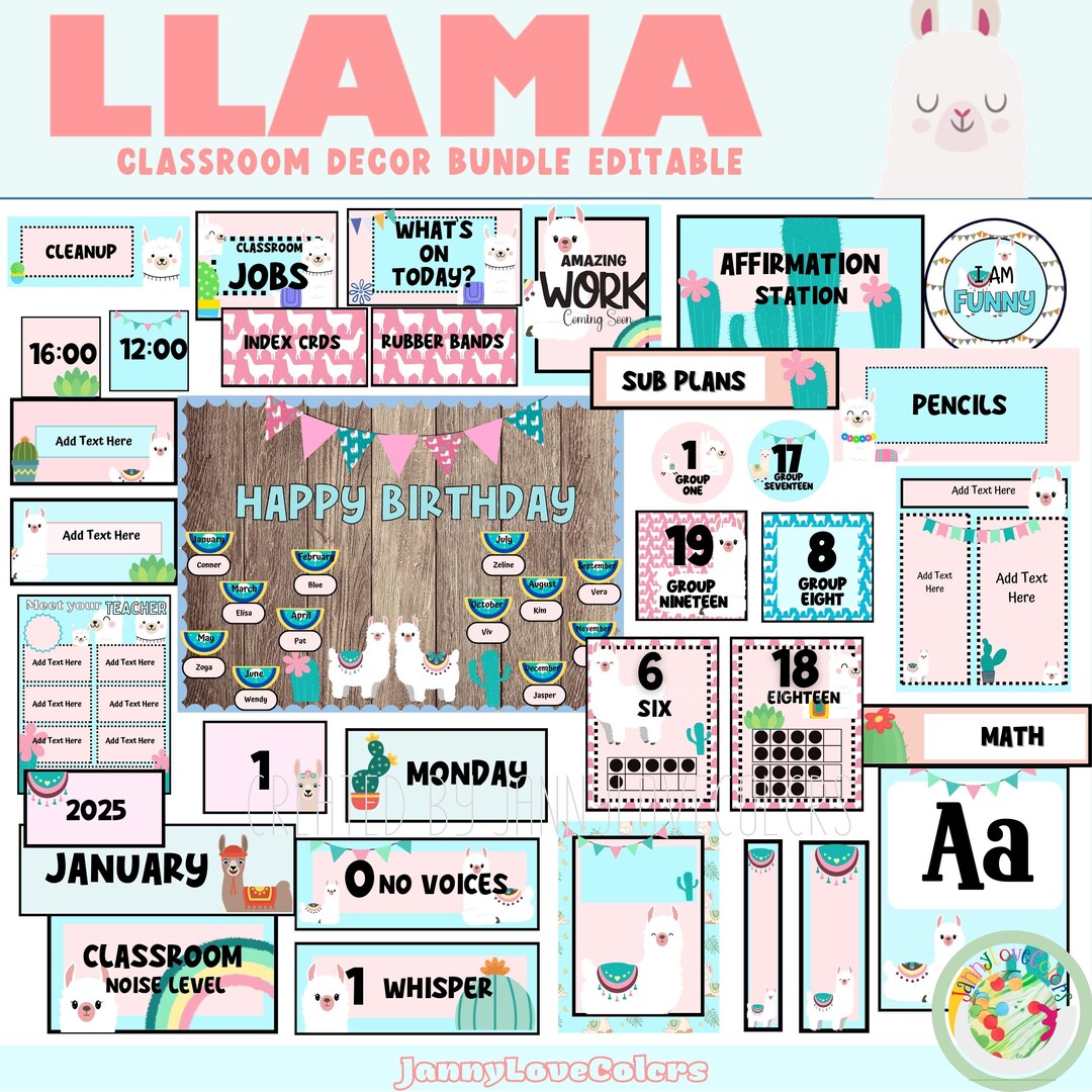 Llama Cactus Classroom Decor Bundle: Editable Printable (digital ...