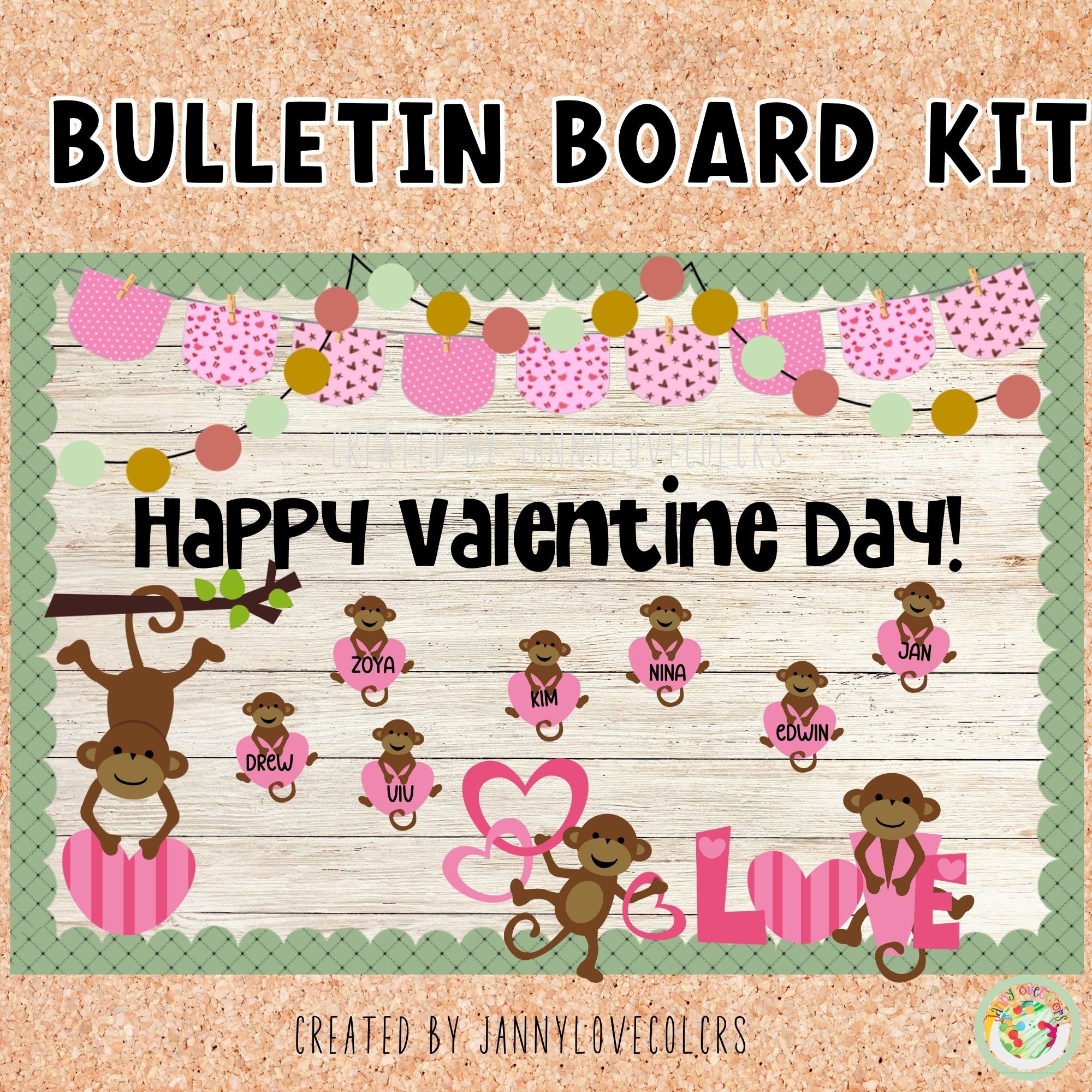 Valentine's Day Bulletin Board Kit Monkey Classroom Door Decor ...