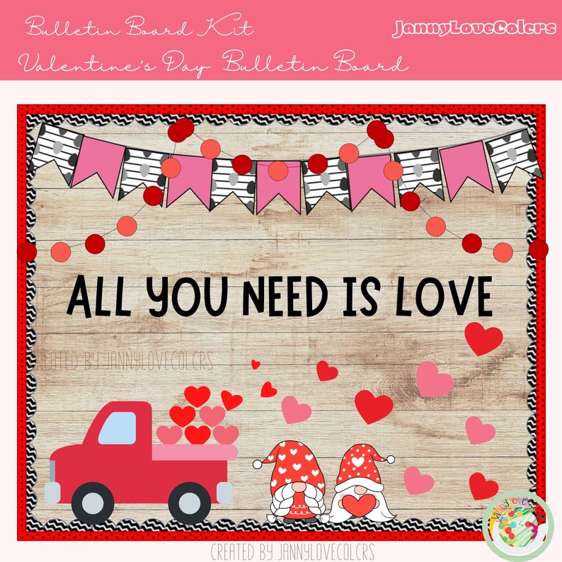 Valentine's Day Bulletin Board Kit: Pink Gnomes & Red Truck (digital ...