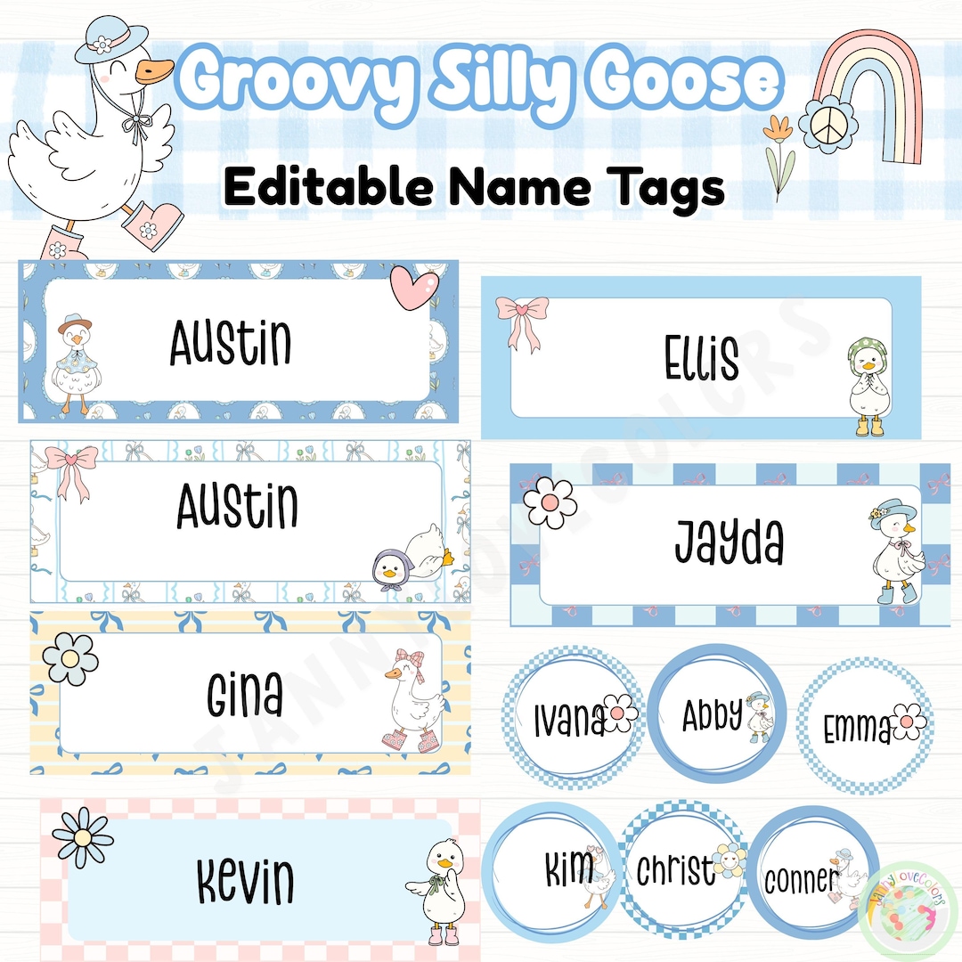 Editable Student Desk Name Tags, Groovy Silly Goose Theme Name Tags for ...