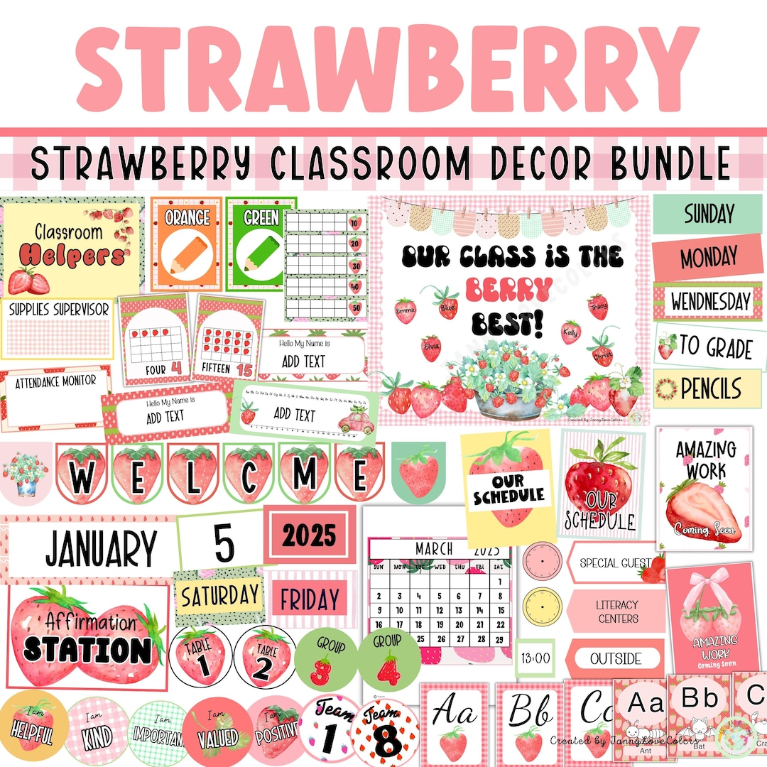 Strawberry Theme Classroom Decor Bundle | Printable | Editable | Door ...
