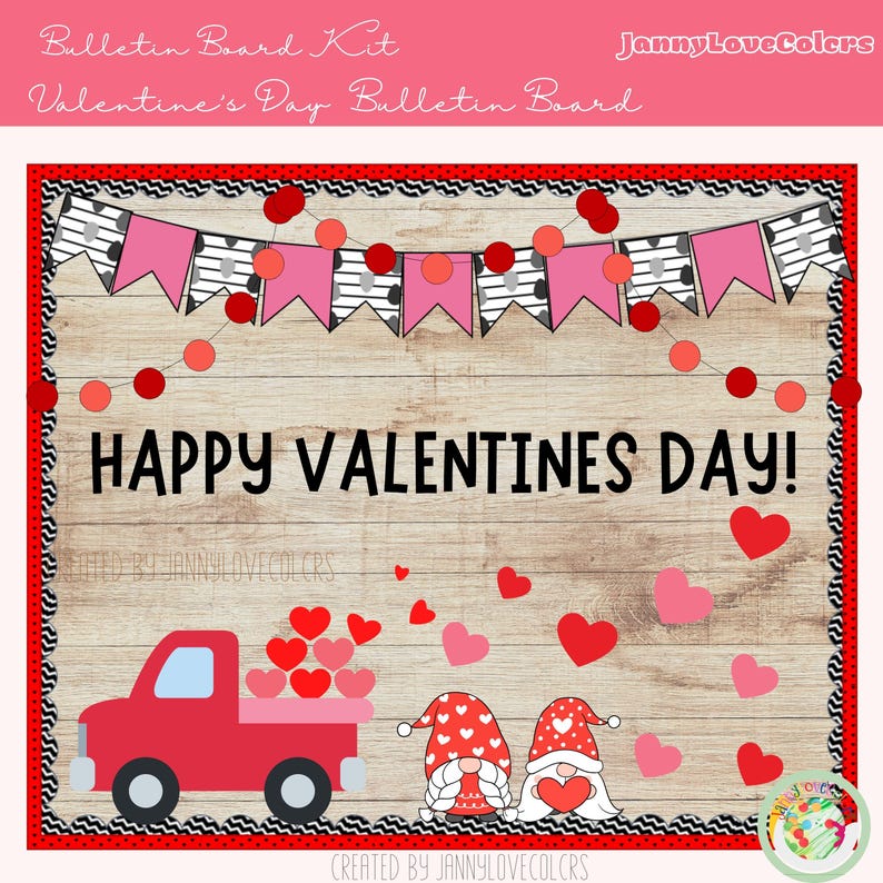 Valentine's Day Bulletin Board Kit: Pink Gnomes & Red Truck (digital ...