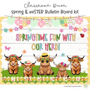 Highland Cow Spring Bulletin Board Kit March April Classroom Door Decor ...