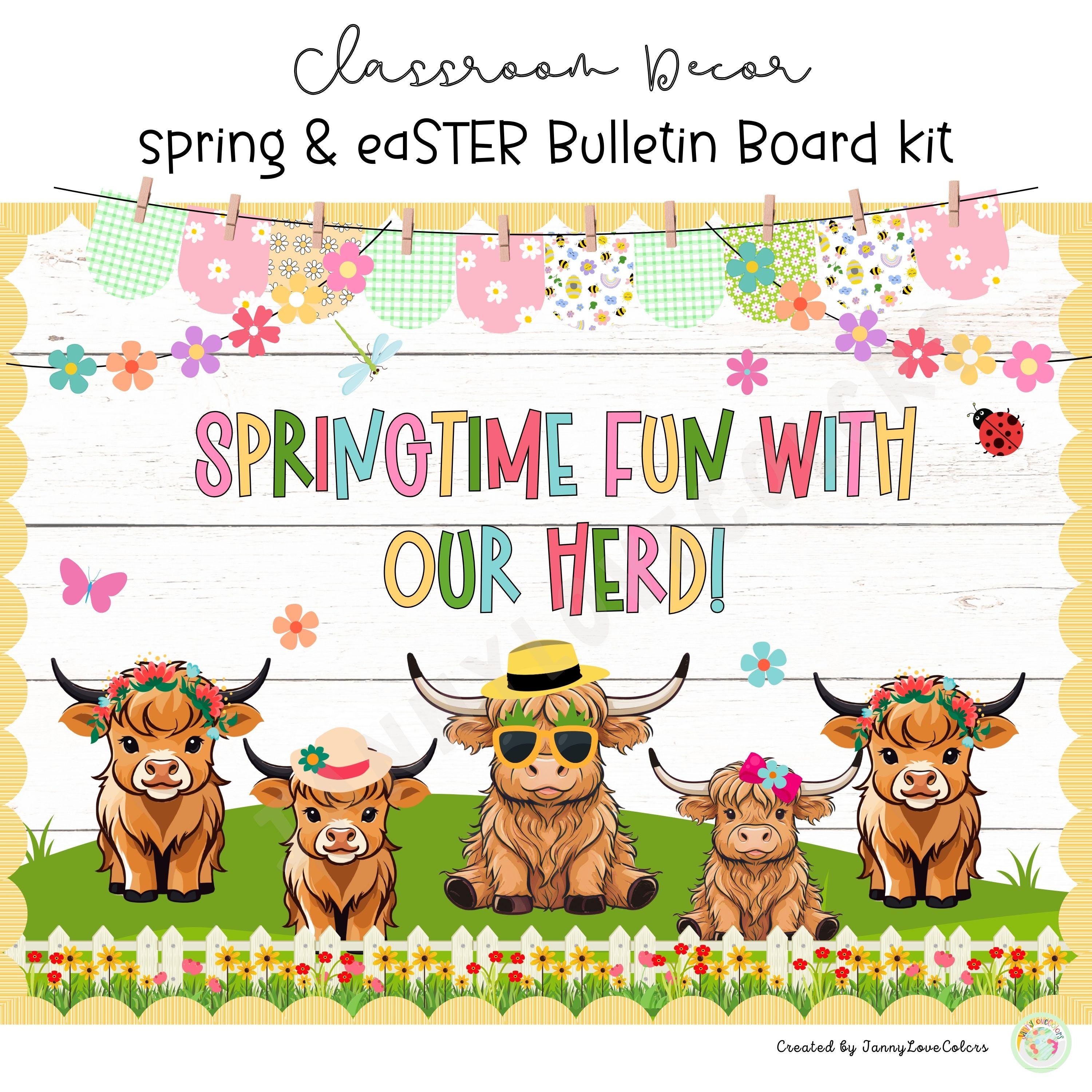 Highland Cow Spring Bulletin Board Kit March April Classroom Door Decor ...