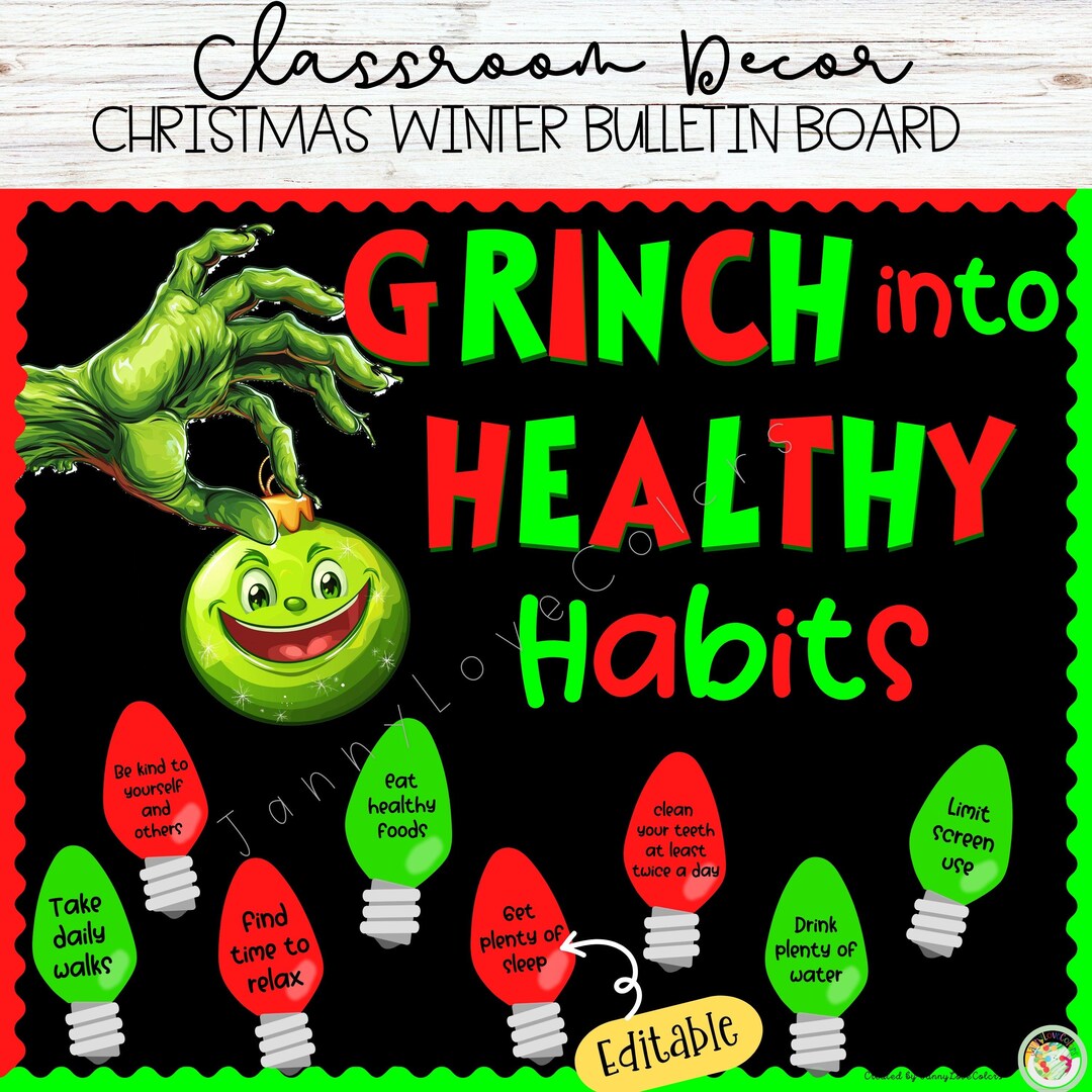 Grinch Christmas Health Bulletin Board Kit: Printable Classroom Decor ...