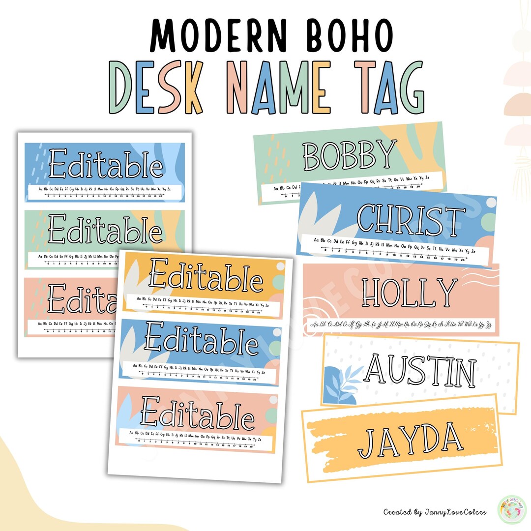 MODERN BOHO Student Desk Name Plate | Editable Name Tags | Printable ...