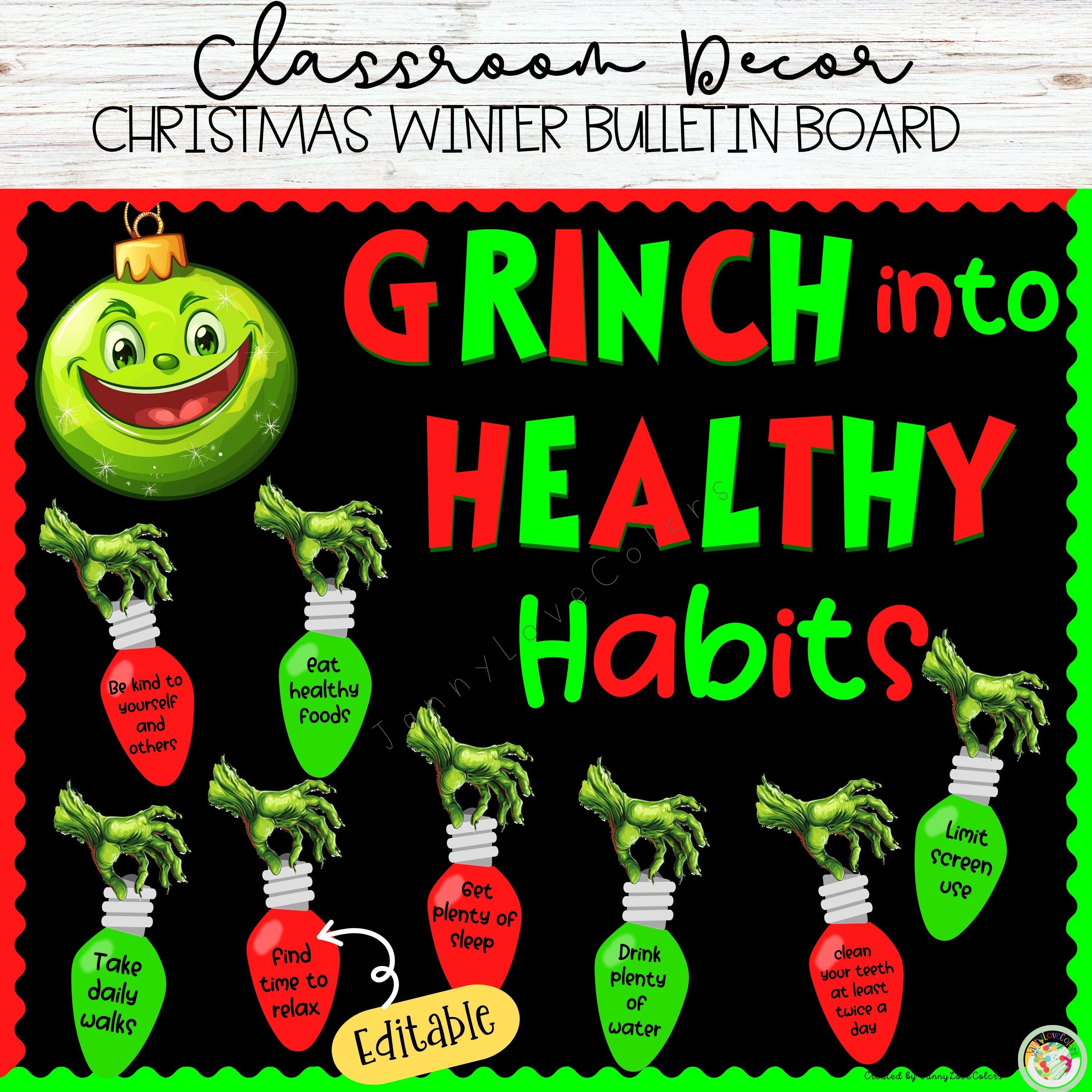 Grinch Christmas Health Bulletin Board Kit: Printable Classroom Decor ...