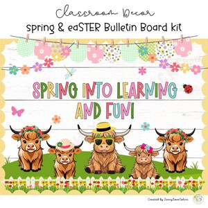 Highland Cow Spring Bulletin Board Kit March April Classroom Door Decor ...