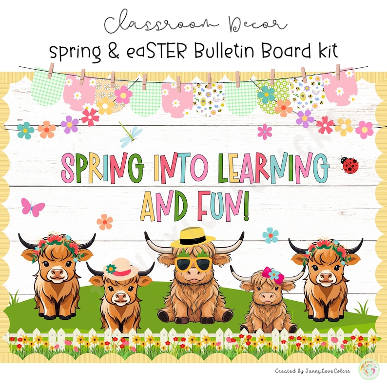 Highland Cow Spring Bulletin Board Kit March April Classroom Door Decor ...