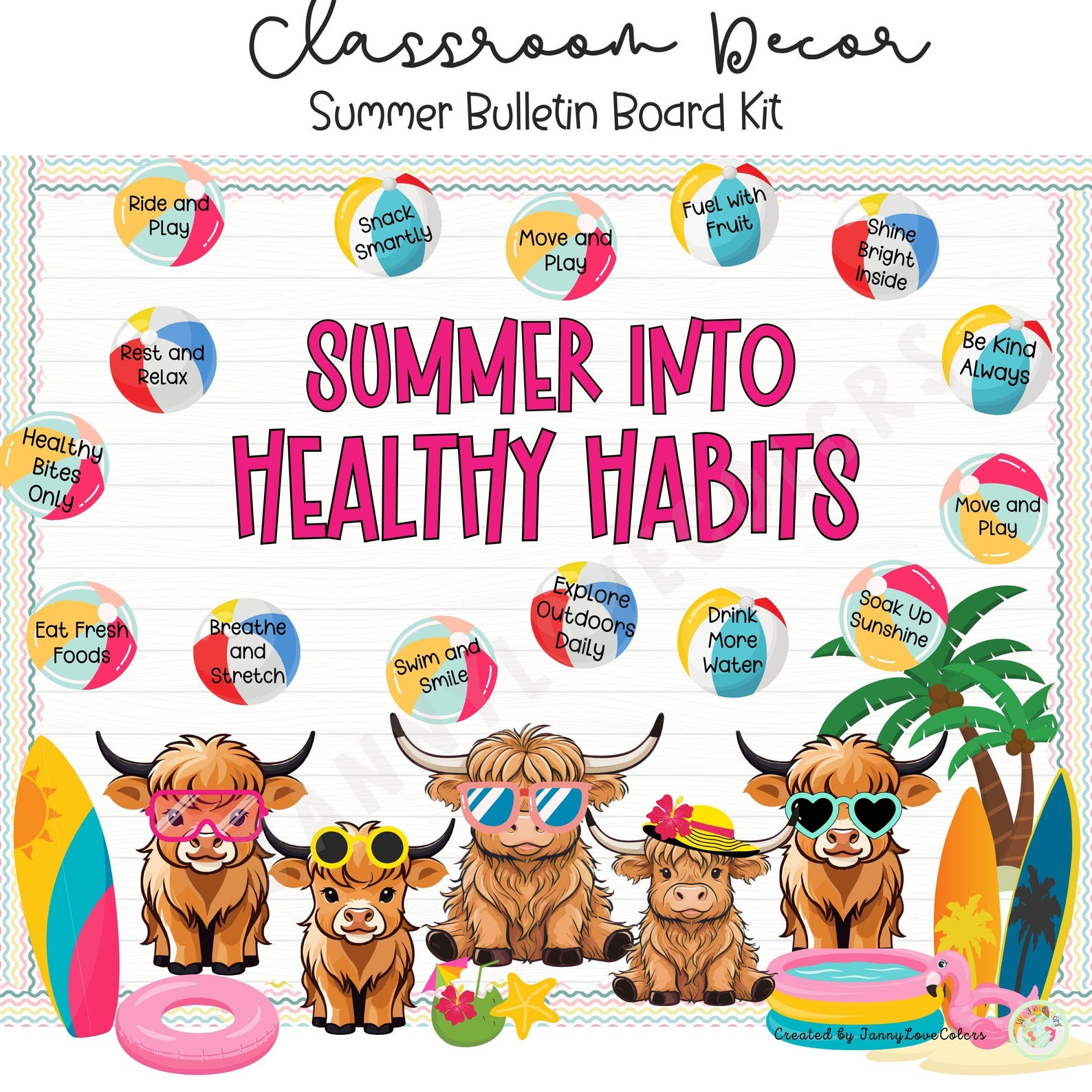 Highland Cow Summer Bulletin Board Kit: Mental Health Classroom Decor ...