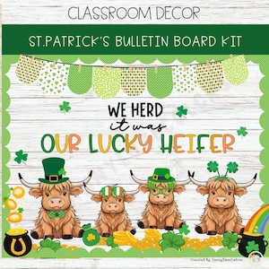 St. Patrick's Day Bulletin Board Kit | Highland Cow Theme | March ...