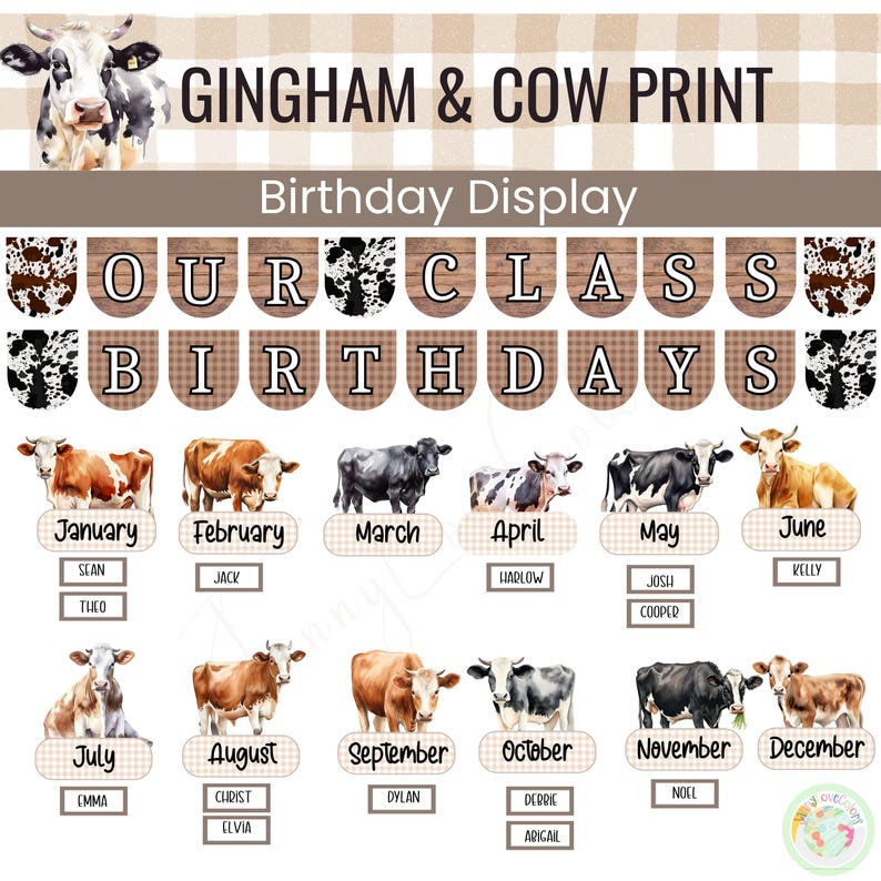 Gingham Cow Print Classroom Birthday Chart: Bulletin Board Decor (PDF ...