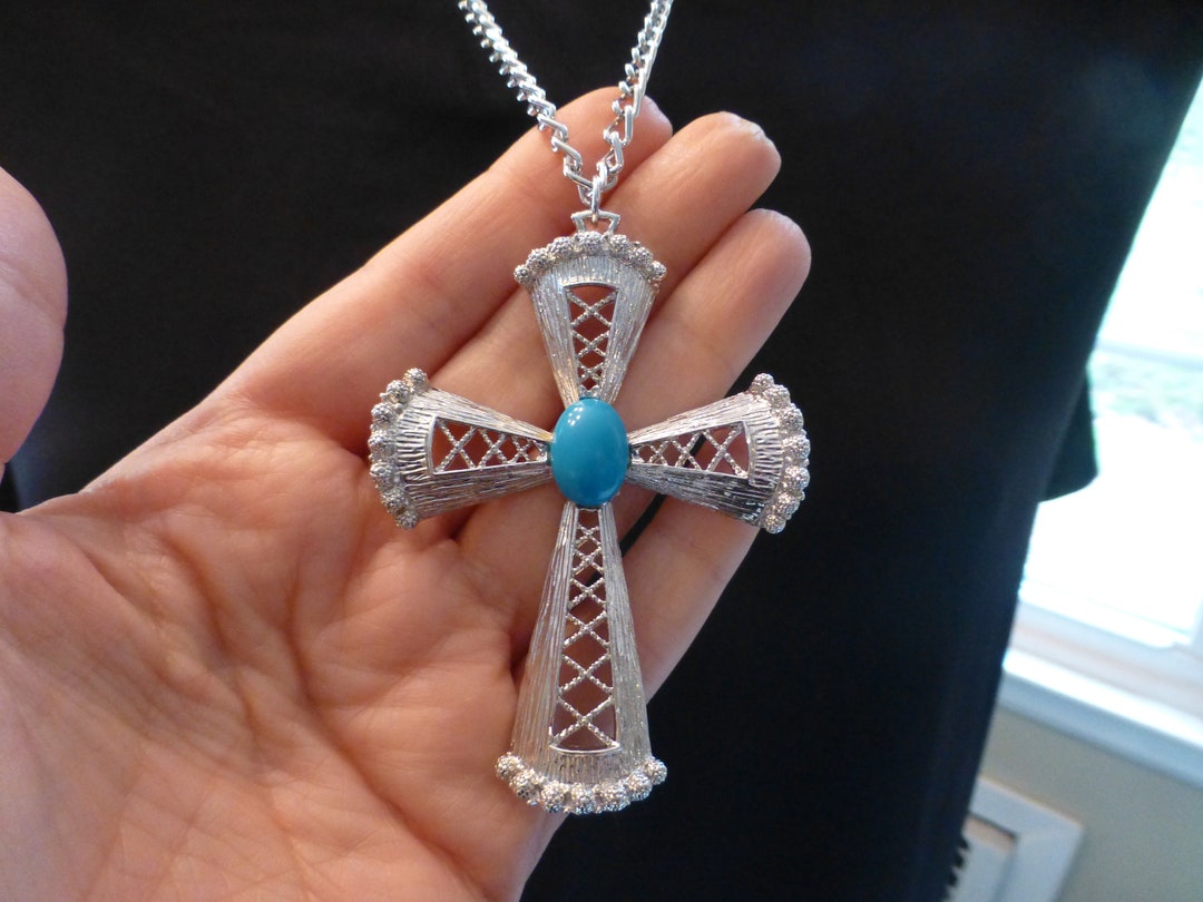 Vintage 1960s Large Cross Necklace, Silver Plated, Amazing Design, Bold ...