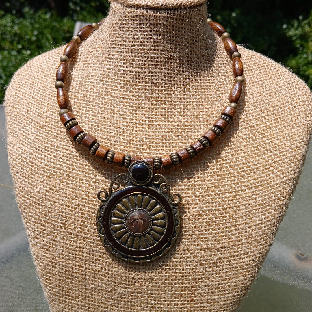 Vintage 1970s Wood Choker Bold Bronze Necklace, 16'' Length, Wonderful ...
