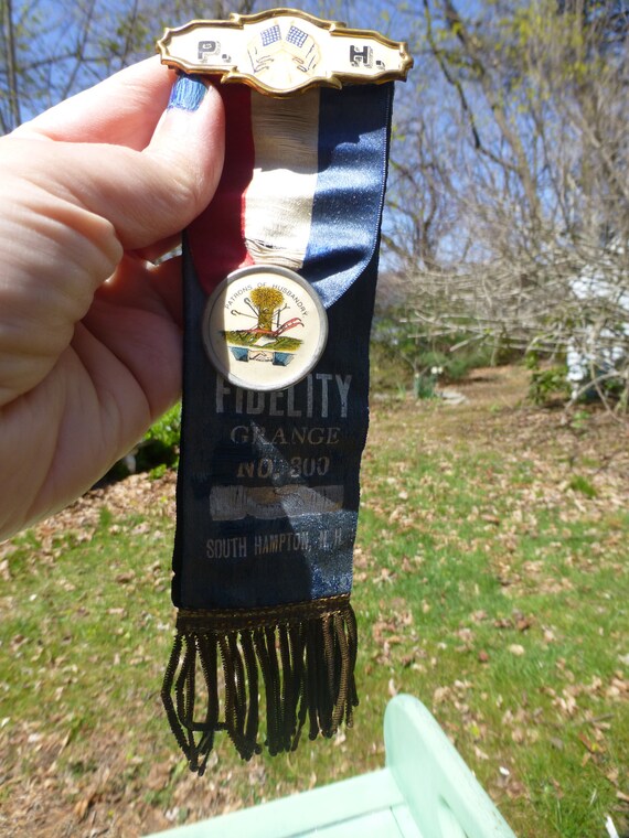 Antique Victorian Mourning Memorial Grange Ribbon Bro… - Gem