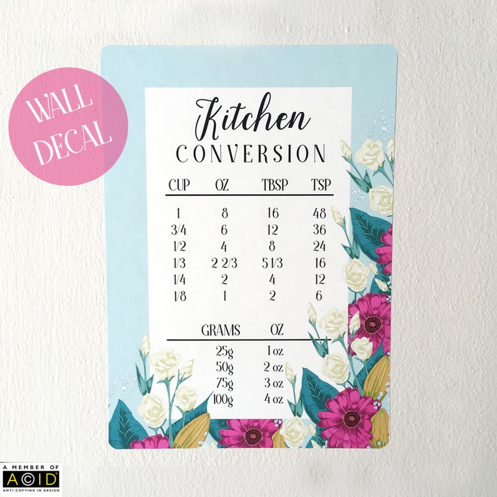Kitchen Conversion Chart Wall Decal Cooking Gift | Etsy