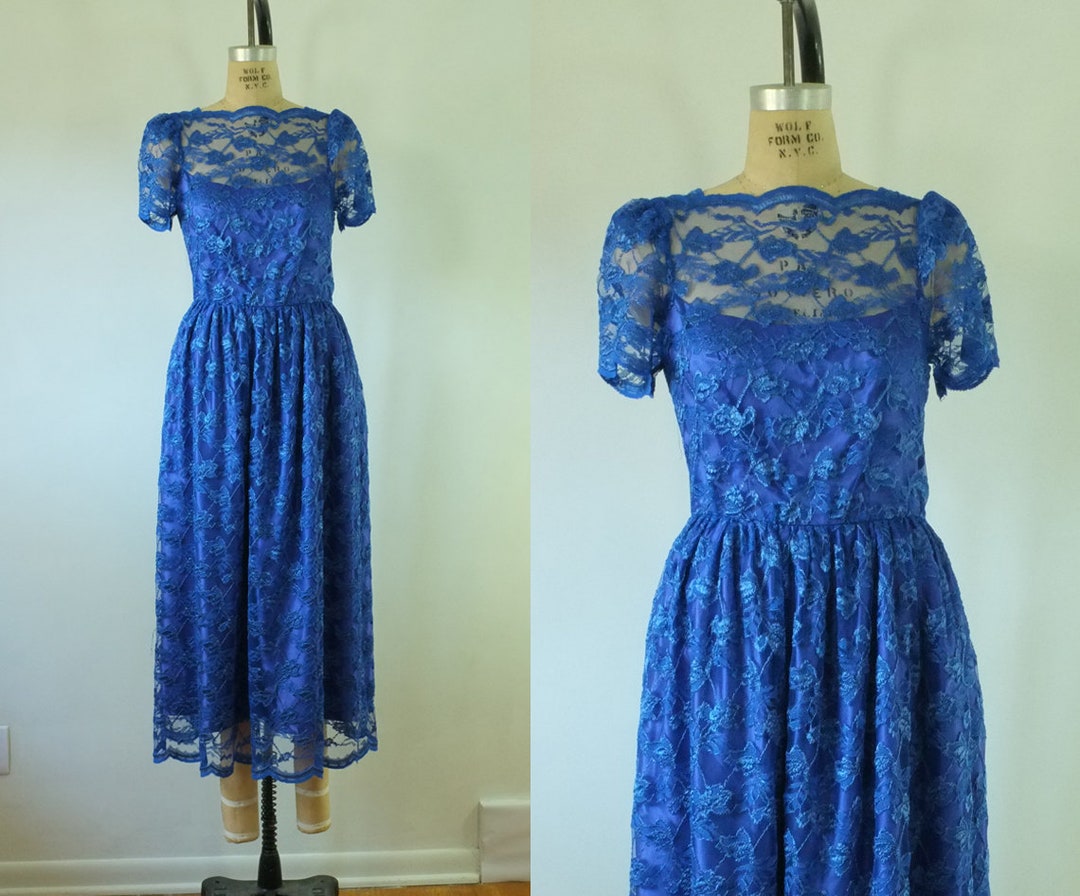 Vintage Blue Lace Dress | 1970s Vintage Blue Dress | Scalloped Neckline ...