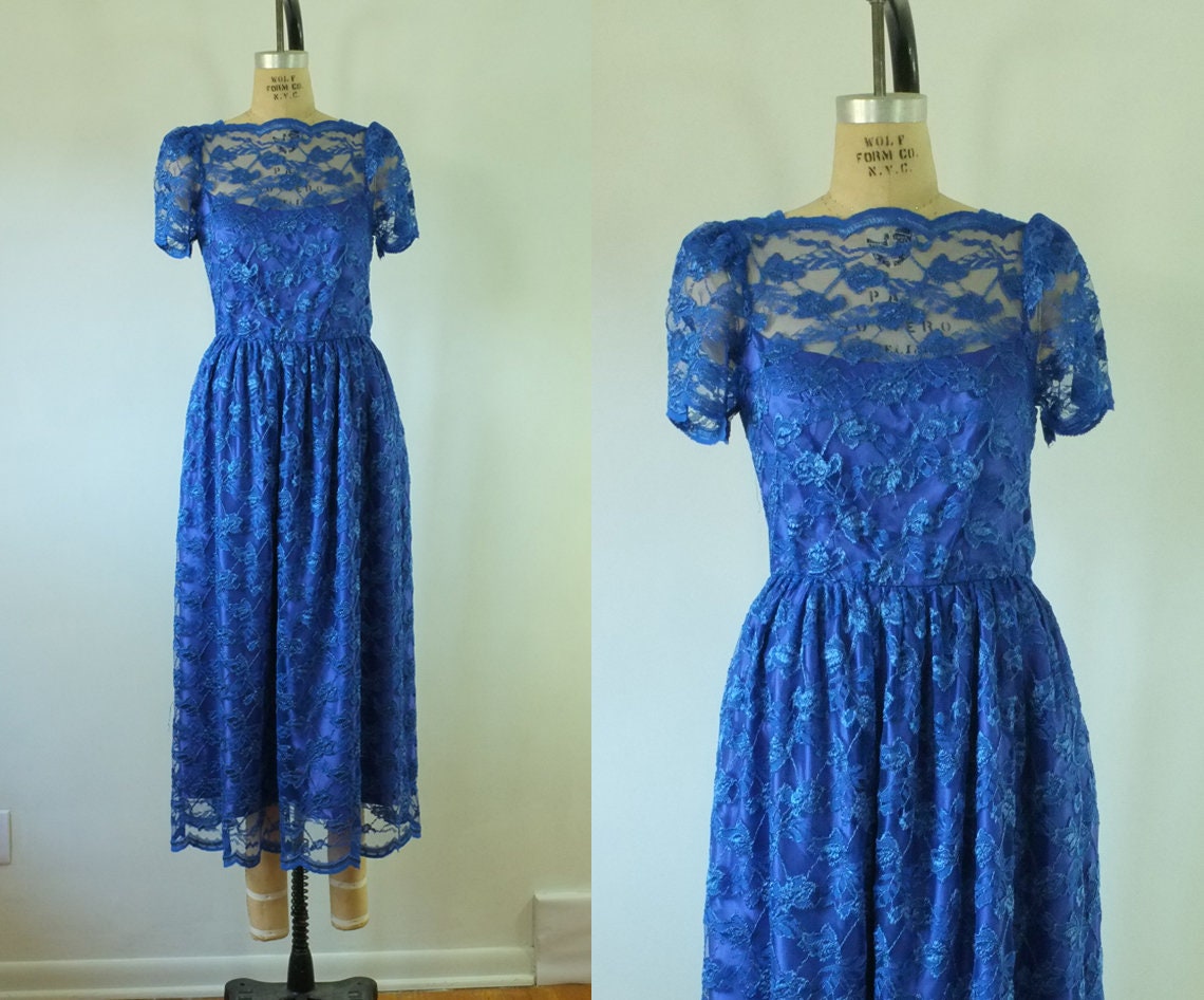Vintage Blue Lace Dress | 1970s Vintage Blue Dress | Scalloped Neckline ...