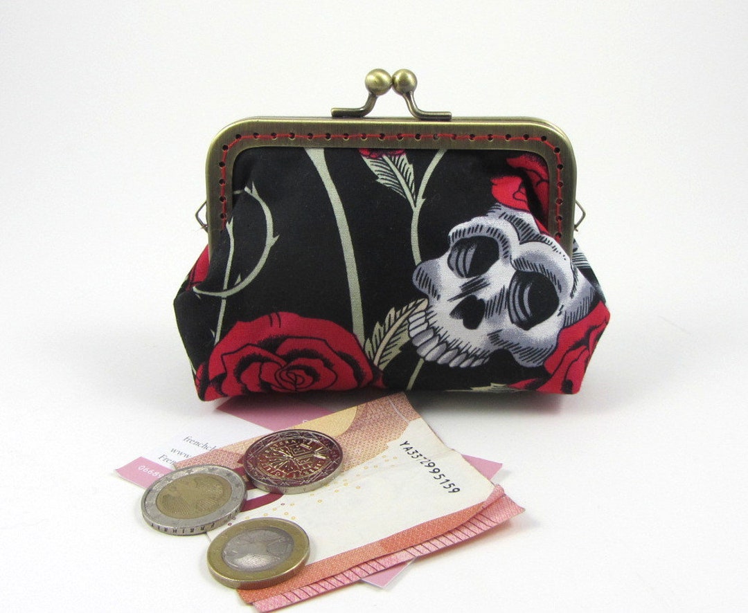 Kiss Clasp Purse, Card and Coin Wallet, Roses and Skulls, Womens Change ...