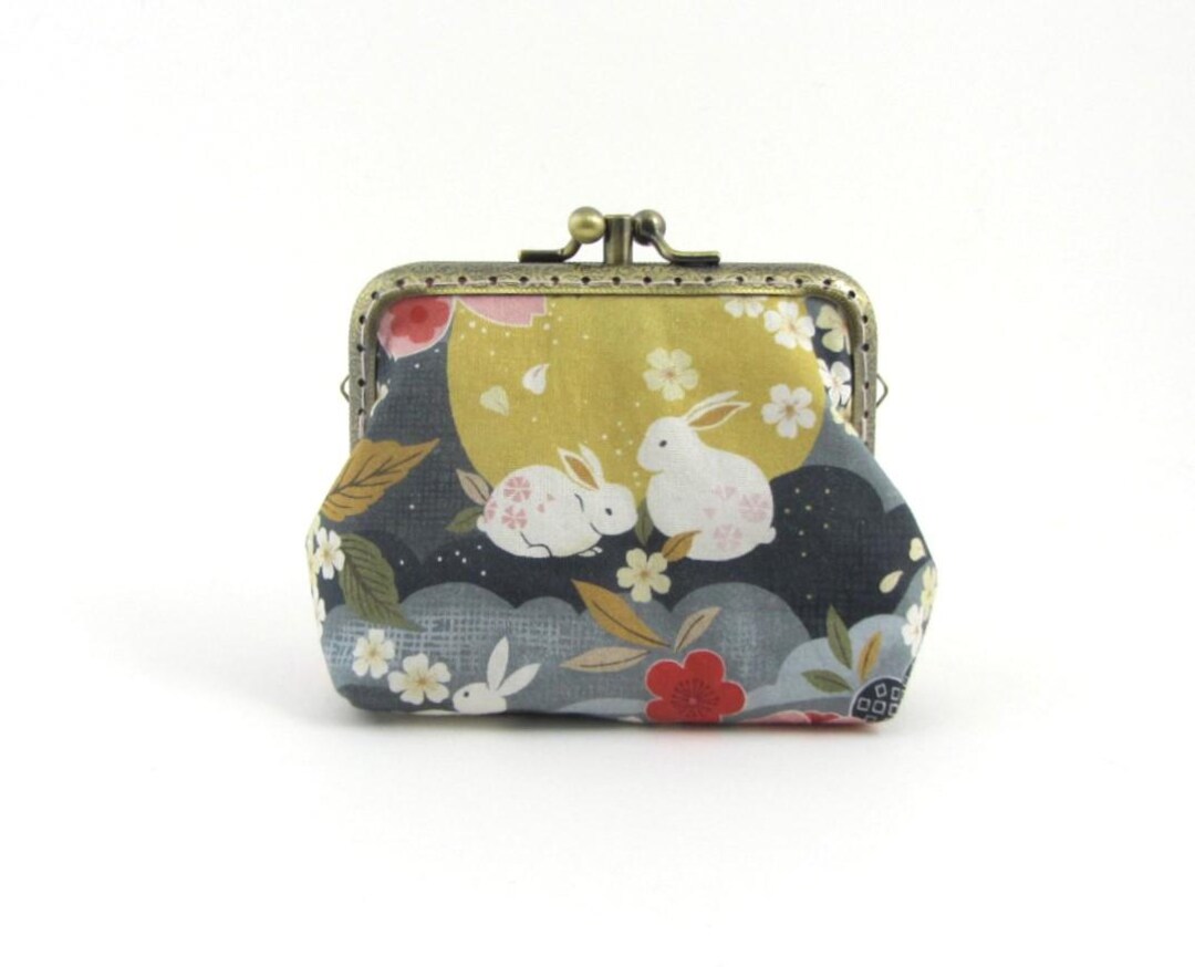 Double Section Coin Purse, Moon Rabbit Fabric, Handstitched Kiss Lock ...