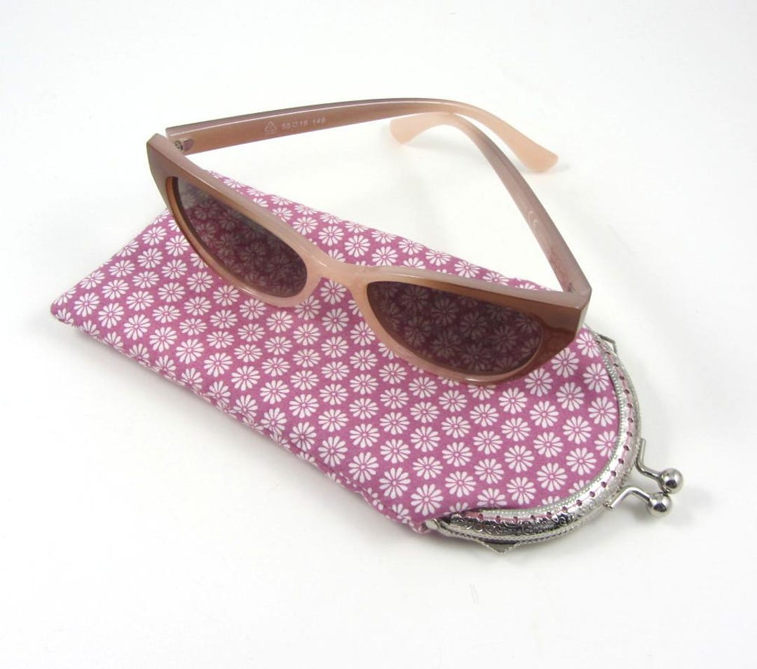 Floral Cotton Eyeglasses Case, Handstitched Kiss Lock Clasp, Pink and ...