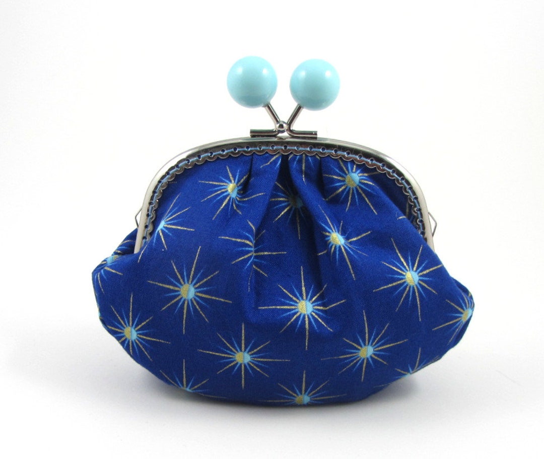 Kiss Lock Cosmetic Pouch, Cotton Travel Bag, Blue and Gold, Clasp Frame ...