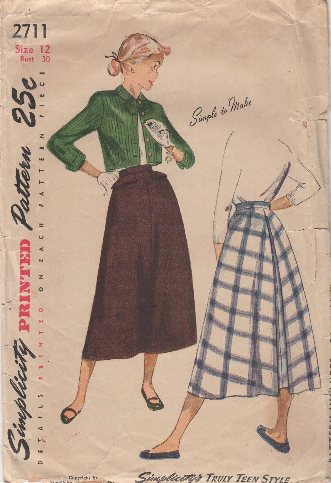 Vintage Simplicity 2711 Truly Teen Style Skirt and Bolero Set - Bust 30 - 1949 - Etsy