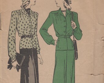 1940's Womens Two Piece Suit Sewing Pattern Vintage Jacket and Skirt ...