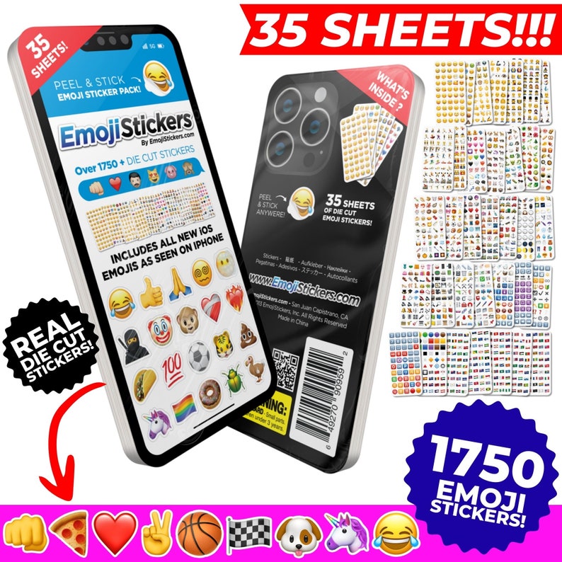 Emoji Sticker Pack 1750 Die Cut Vinyl Emoji Stickers, 35 Sheets, 50 ...