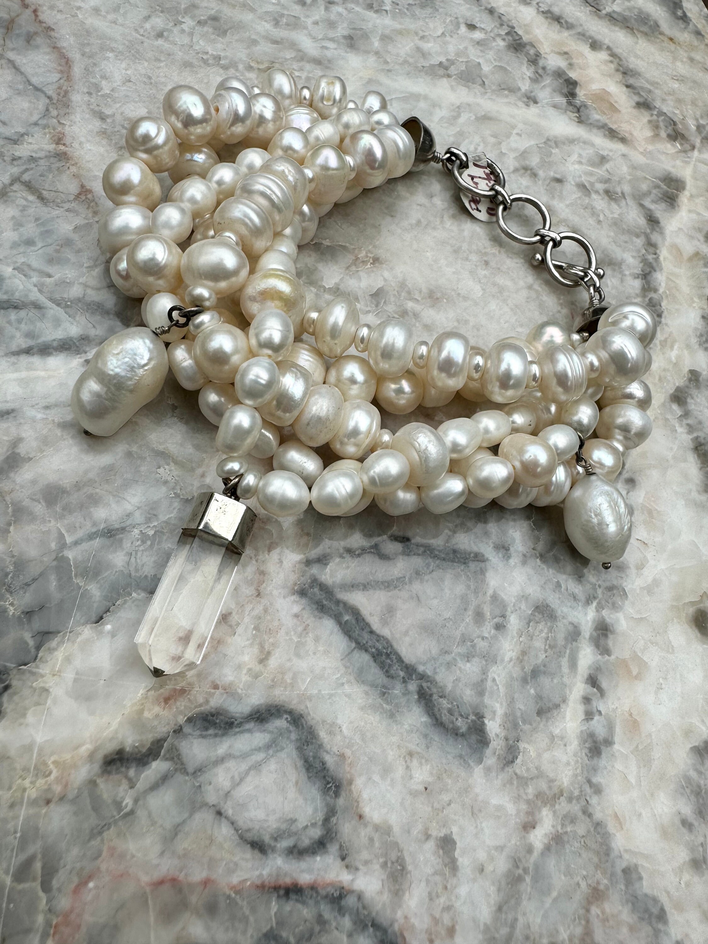Freshwater Pearl Beaded Bracelet With Baroque Pearl & Crystal Quartz ...