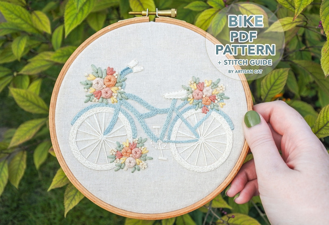 Floral Bike Hand Embroidery Pattern With Stitch Guide (PDF Download ...