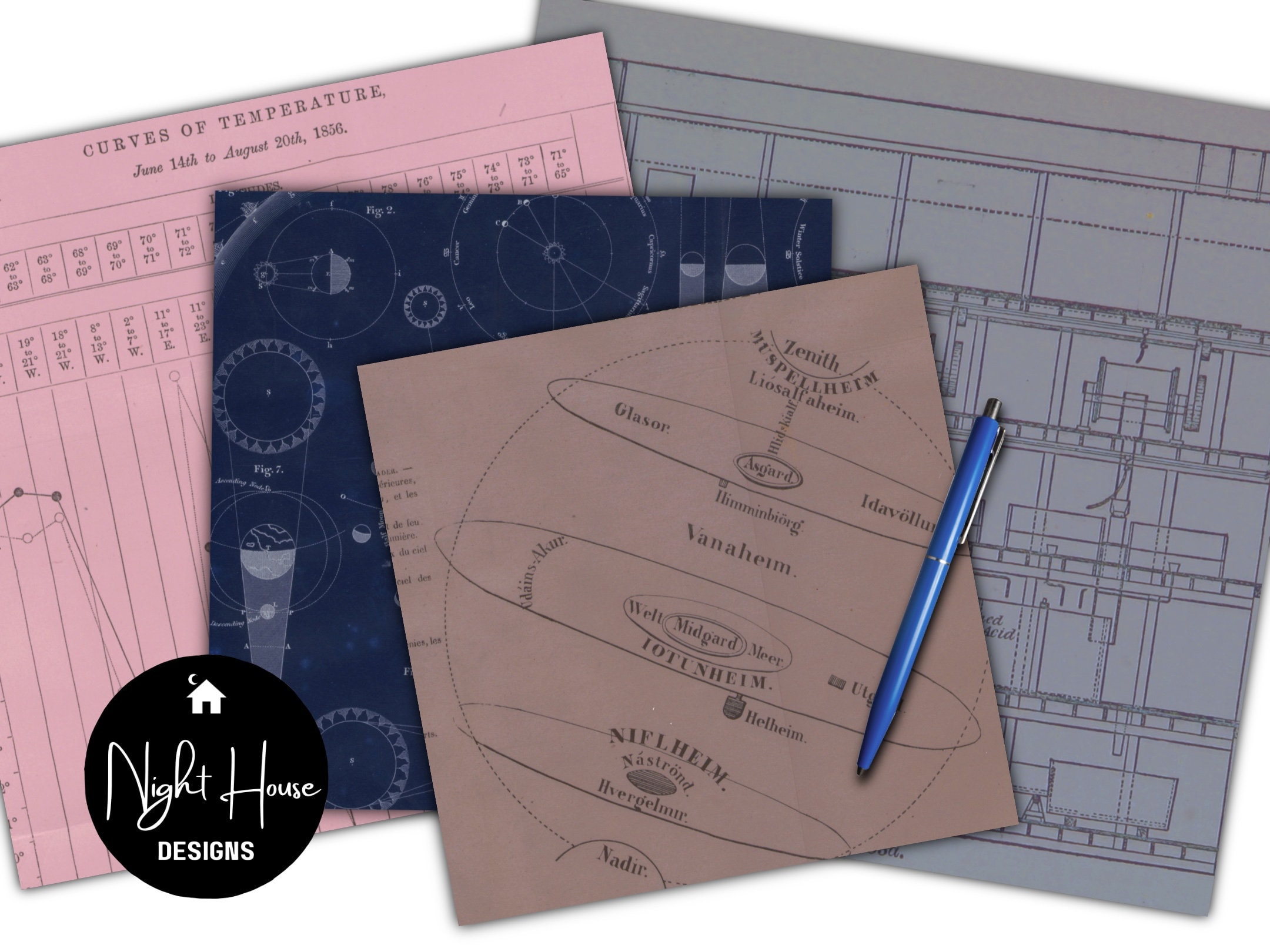 Vintage Mechanical Blueprint Chart Diagram Digital Papers, Commercial ...