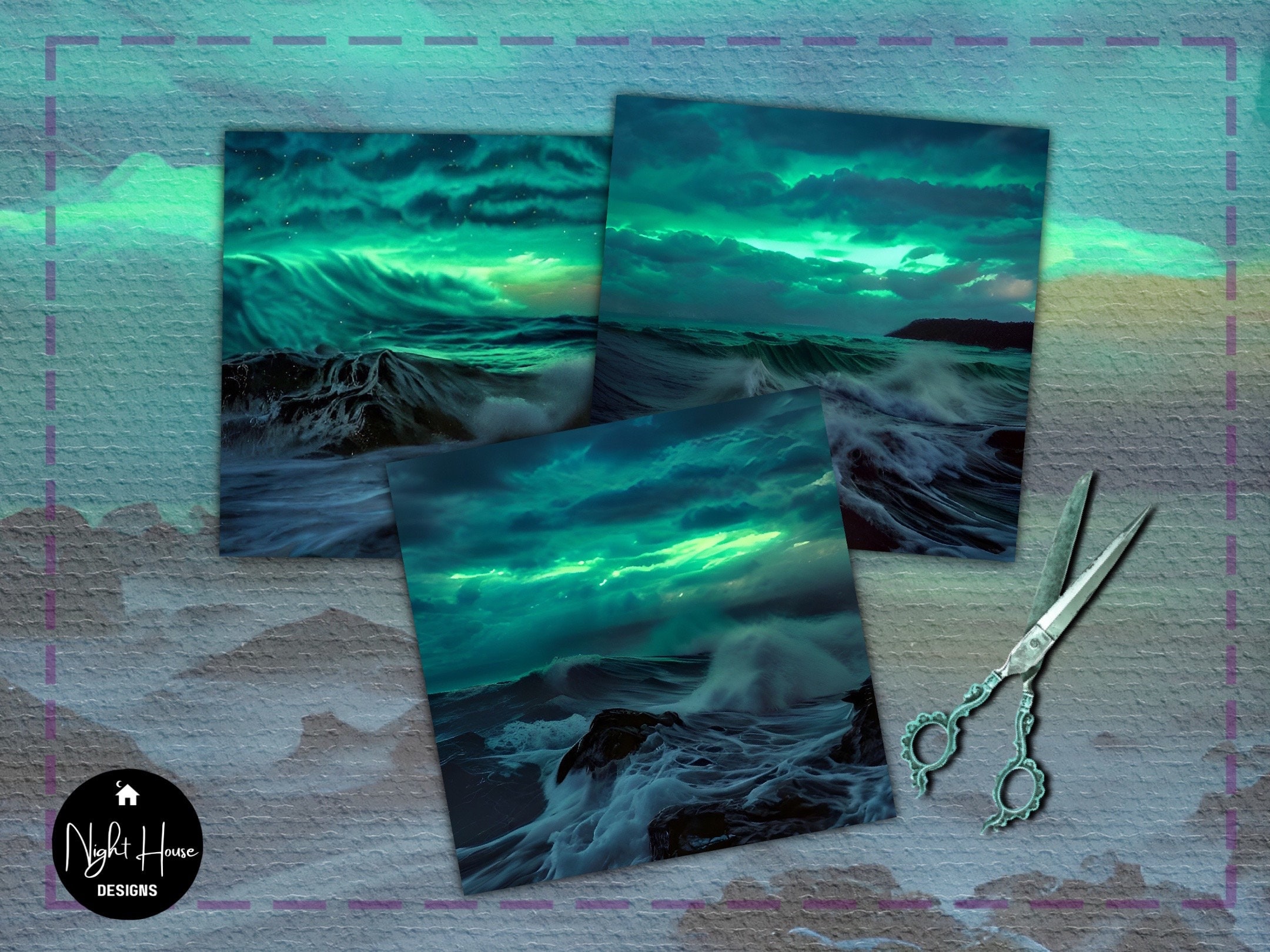 Mystical Stormy Ocean Beach Background Digital Papers, Commercial Use ...