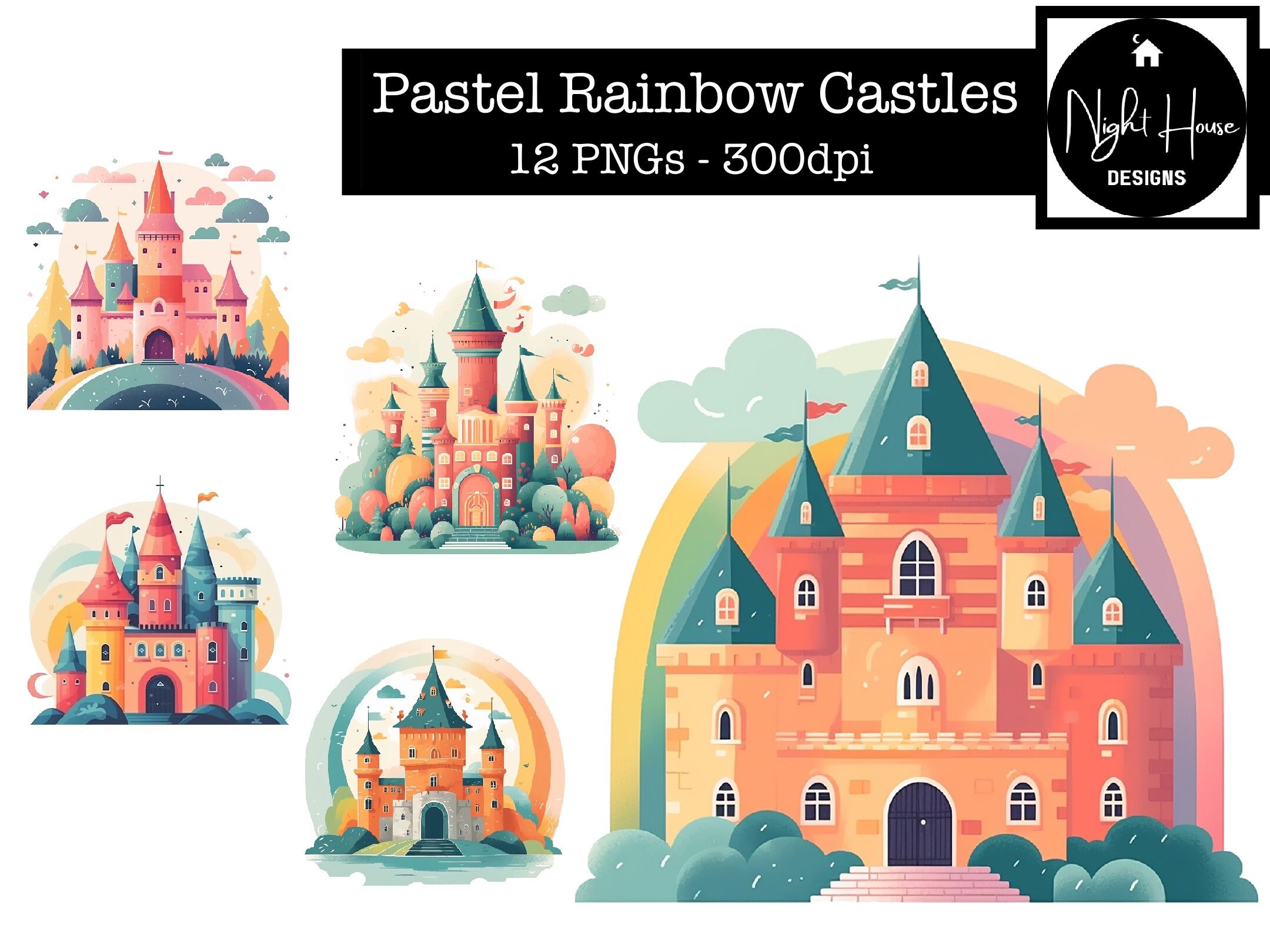 Pastel Rainbow Castles PNG Cute Clipart, Poster, Digital Planner ...