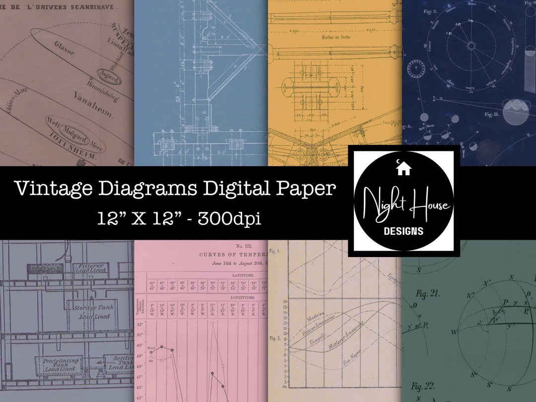 Vintage Mechanical Blueprint Chart Diagram Digital Papers, Commercial ...