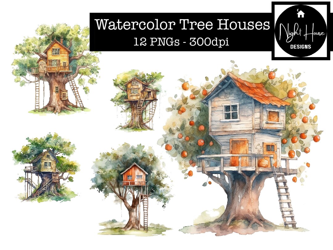 Watercolor Tree House Pngs - Cute Clipart, Poster, Digital Planner ...