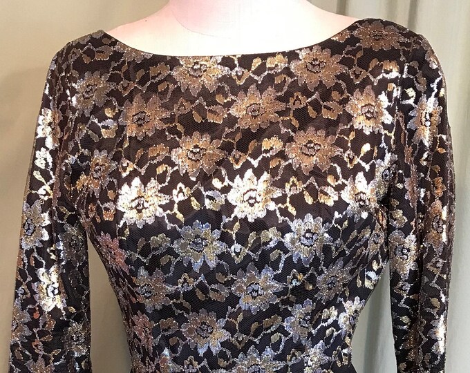 Elegant Vntage 50s 60s Cocktail Party Dress W Metallic Gold & Silver ...