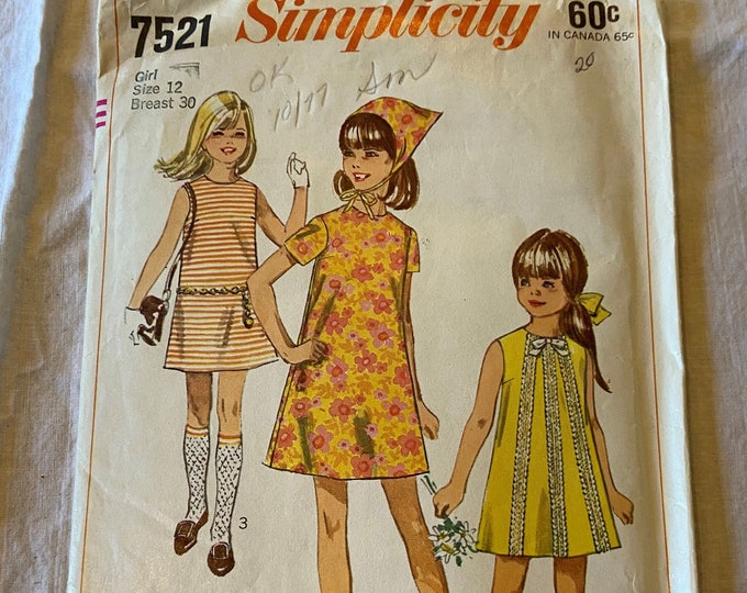 Original Vintage 1967 Simplicity Jiffy Girls' Shift Dress Pattern 7521 ...