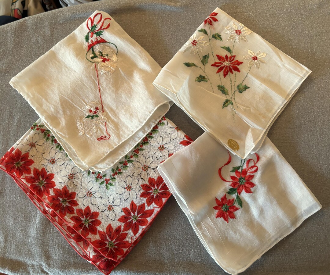 4 Charming Original Vintage Mid Century Christmas Holiday Hankies ...