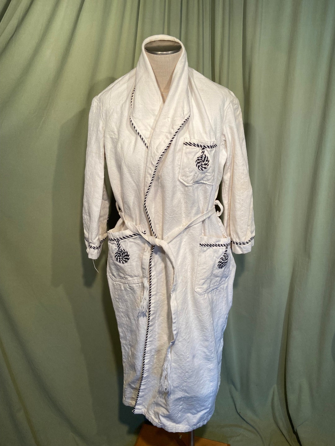 Comfy Original Vintage Mid Century Unisex White Cotton Robe With Black ...