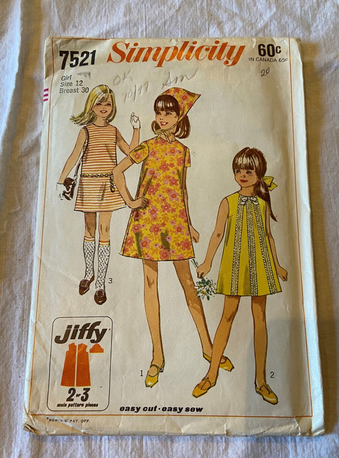 Original Vintage 1967 Simplicity Jiffy Girls' Shift Dress Pattern 7521 ...