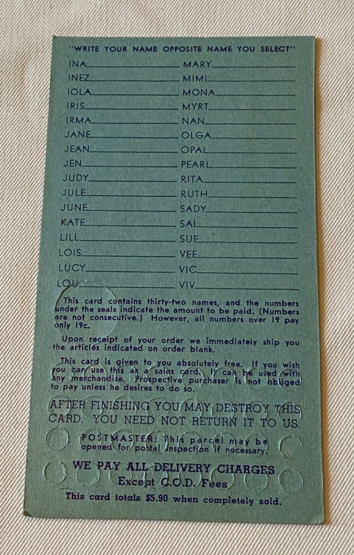 Original Vintage 40s Unused Punch Card win America's - Etsy