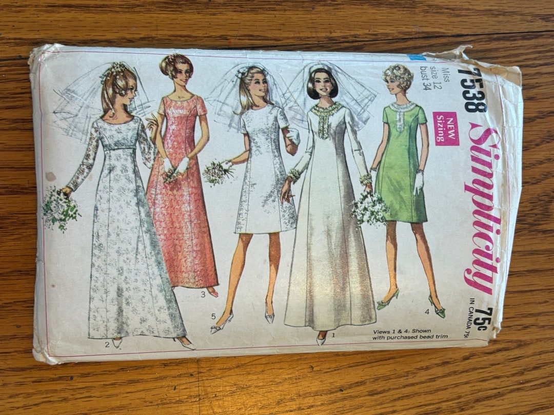 Original Vintage 1968 Simplicity Mod Wedding or Bridesmaid Dress Pattern 7538 Size 12 Bust 34 ...