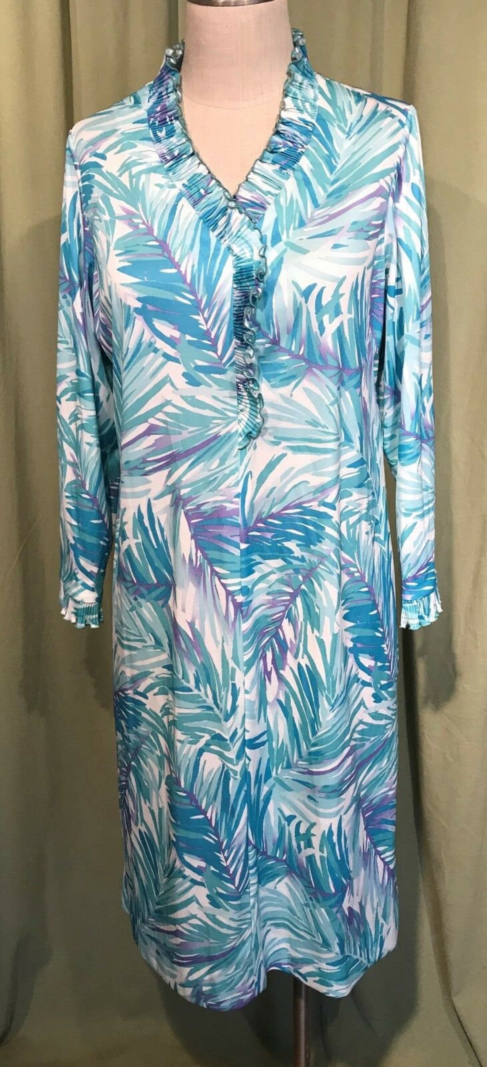 Sweet Original Vintage 70s Amy Adams Turquoise Palm Pattern 3/4 Sleeve ...
