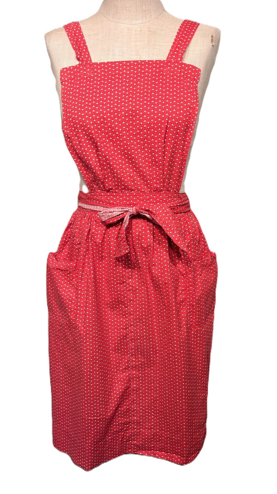 Sweet Original Vintage Mid-century Red Print Cotton Bib Full Pinafore ...