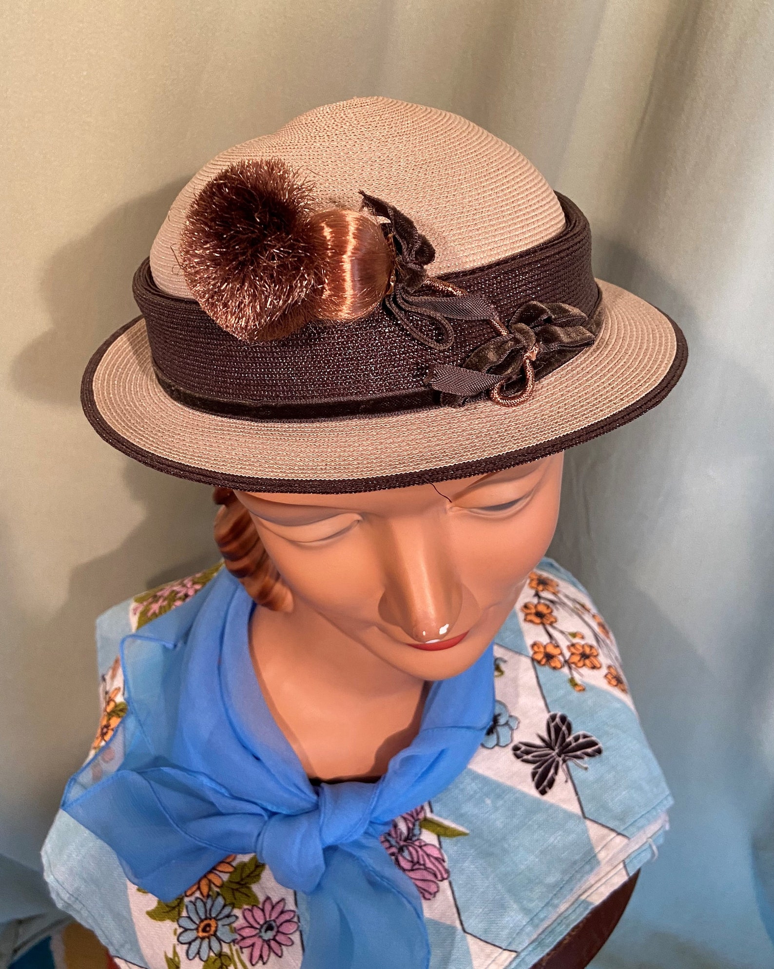 Original Vintage Mid Century Brown & Tan Mini Bowler Hat With Big Faux ...