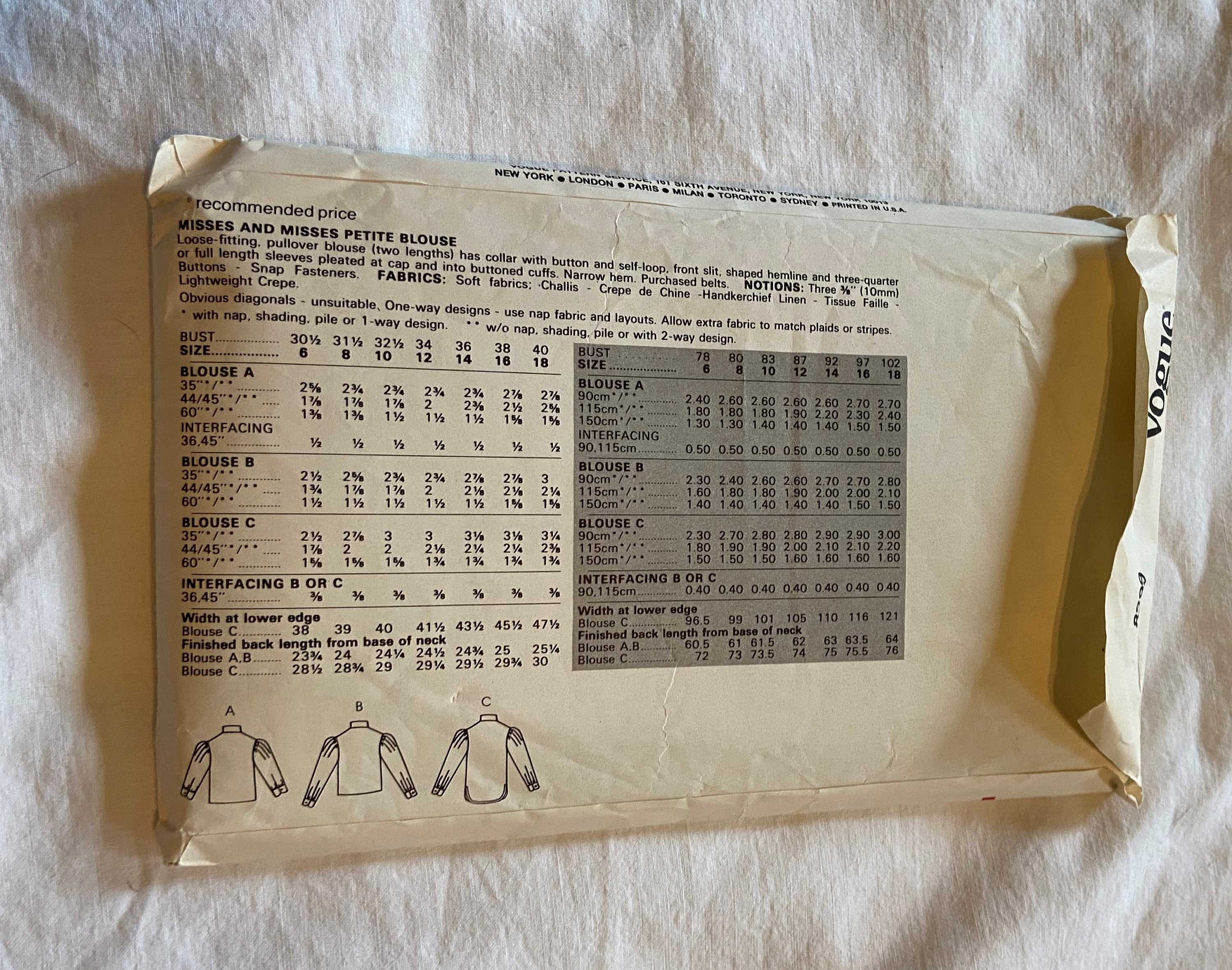 Original Vintage 80s Vogue Blouse Pattern 8399 Misses & Misses Petite ...