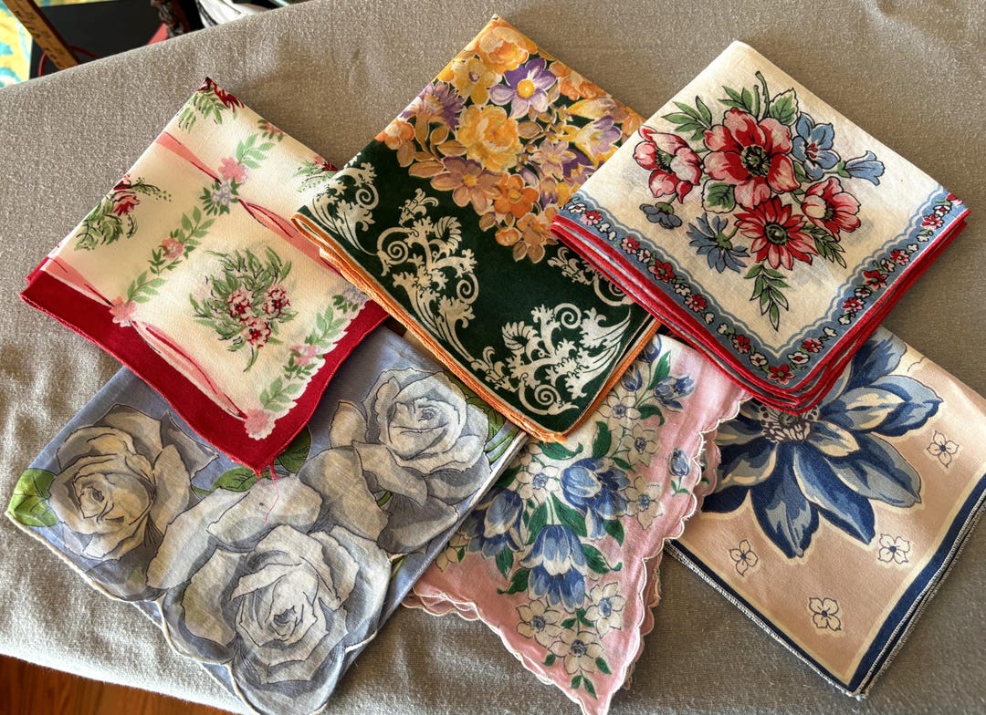 6 Sweet Original Vintage Mid-century Cotton Floral Print Hankies ...