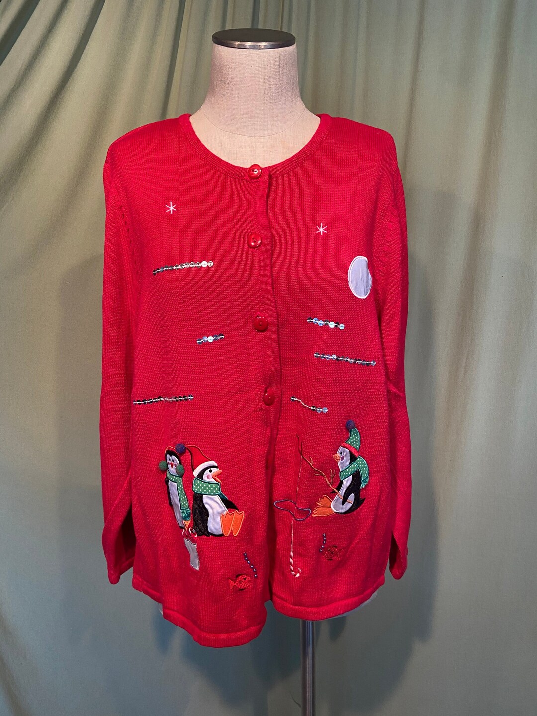 Fun Original Vintage 90s "ugly" Christmas Sweater Red Cotton Blend Cardigan W Fishing Penguins ...